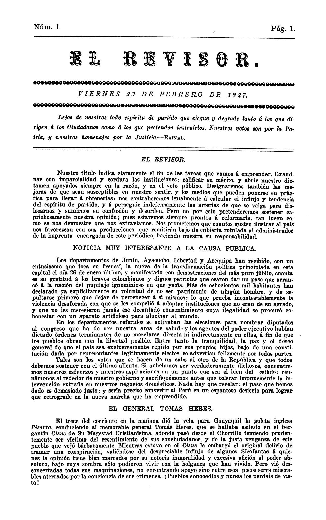 El Revisor (Lima, 1827) – Fuentes Históricas del Perú