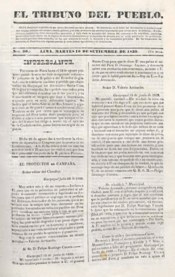 El Tribuno del Pueblo (Lima, 1838-[1840]) – Fuentes Históricas del Perú