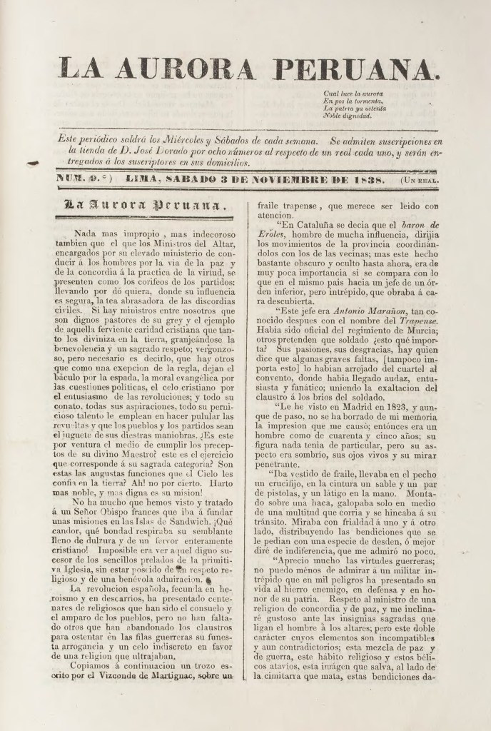 La Aurora Peruana (Lima, Caraz, Huaraz, 1838-1839) – Fuentes Históricas ...